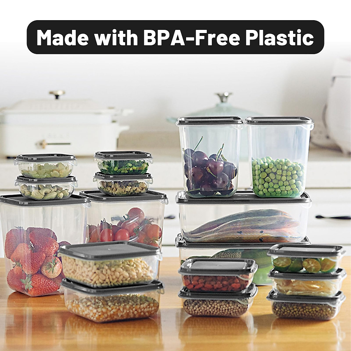 34Pcs Food Storage Containers with Lids (17 Containers and 17 Lids), Salad Dressing Condiment Leftover Lunch Box, Reusable Plastic Freezer Containers Microwave Dishwasher Safe (7 Assorted Size, Grey)