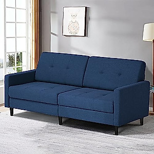 Lesofair 77” Linen Fabric Sofa Bed with Adjustable Backrests, Convertible Loveseat Sofa, Modern Sleeper Couch with Wooden Legs for Living Room, Bedroom, Blue