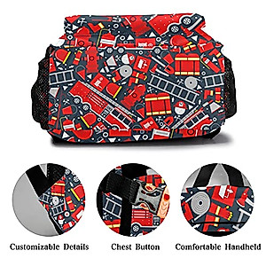 Deven Red Cartoon Fire Truck Personalized Kids Backpack for Boy/Girl Teen Primary School Daypack Travel Bag Bookbag