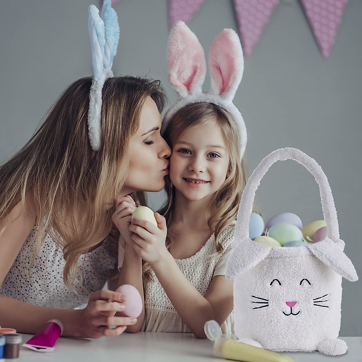 Easter Basket Fluffy Bunny, Easter Baskets for Kids, Easter Gifts for Girls & Boys, Large Easter Basket Storage, Light Weight Easy Carry, Foldable Bunny Ears, 9.5 x 9.5 Inches