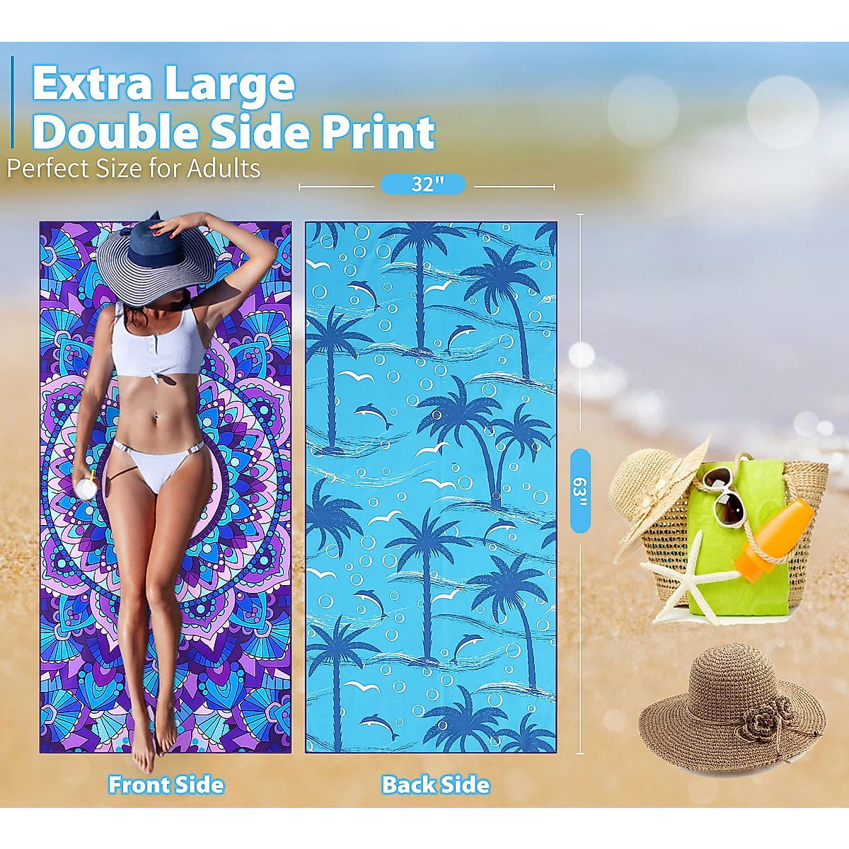 Microfiber Sand Free Beach Towel Thin Quick Dry Super Absorbent Large Lightweight Towels for Travel Sports Pool Swimming Bath Yoga Girls Women Adults Boho Palm Tree Blue Mandala