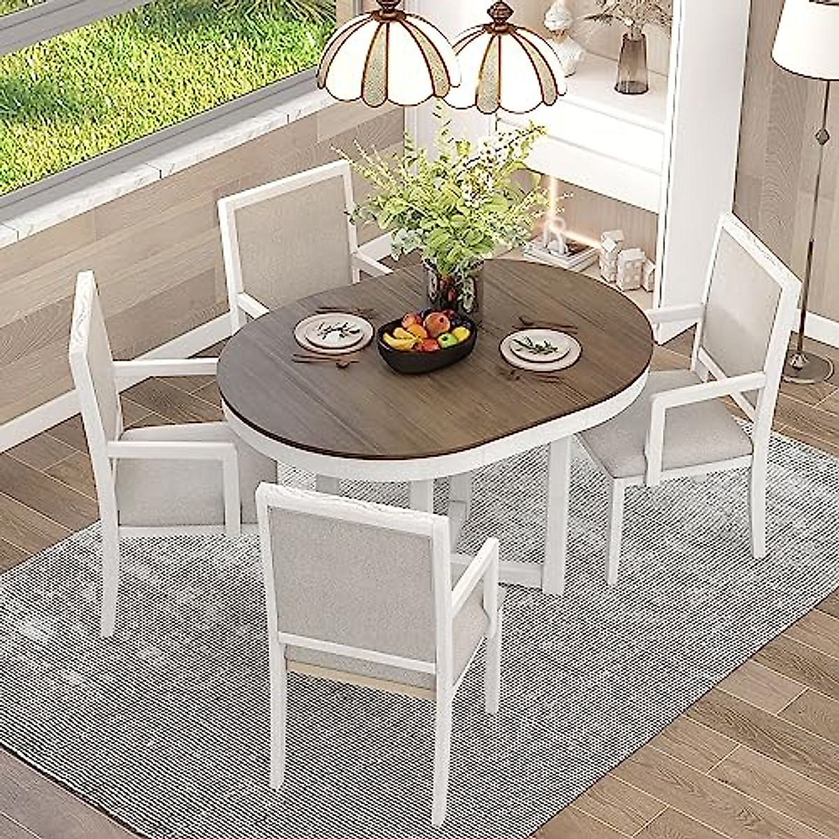 WOZNLA Room 5-Piece Set-Round to Oval Extendable Butterfly Leaf Wood Table with 4 Upholstered Dining Chairs with Armrests for Kitchen and Family, White