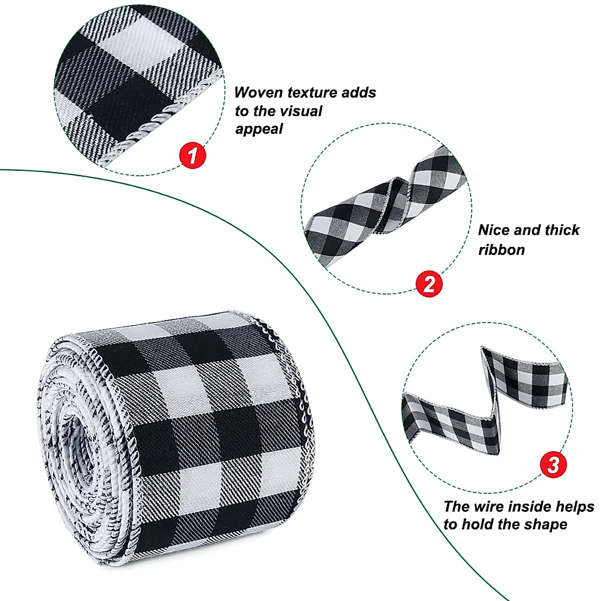 19.6 Yard 2.5 inch Wide Buffalo Plaid Ribbons Wired Edges, 2 Rolls Black and White Checkered Ribbon for Christmas Tree Gift Decorations