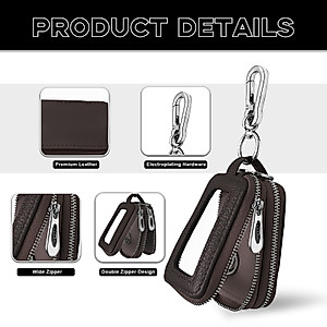 Car Key Fob Case, Double Zipper Genuine Leather Protection Key, Universal Premium Car Key Fob Case, Metal Hook and Keyring with Transparent Window for Men Women (Coffee)
