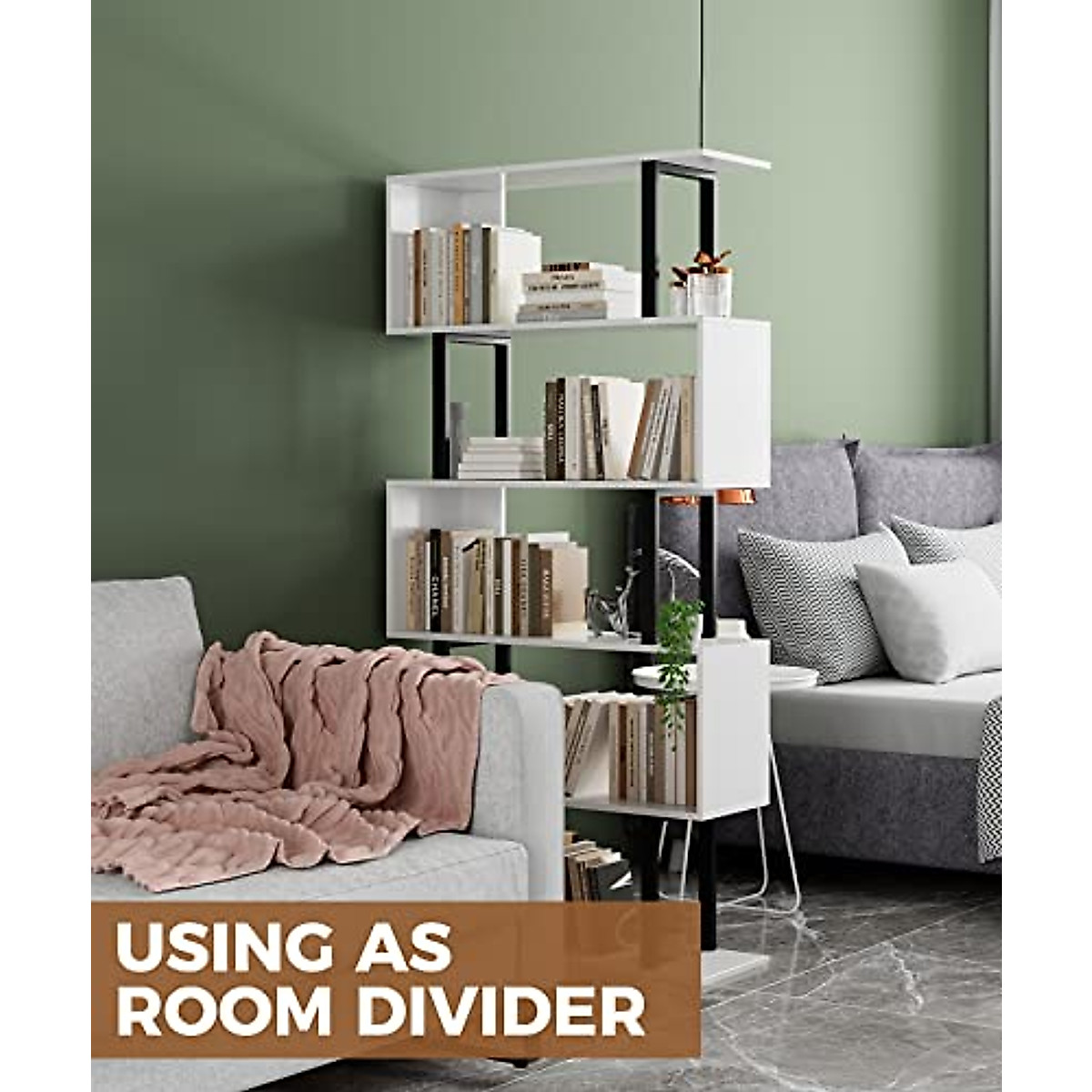 Gadroad 5 Tier Geometric Bookcase, Black and White Book Shelves, Modern Corner Bookcase Storage Shelf Wood for Living Room Home Office (White, 5 Tier)