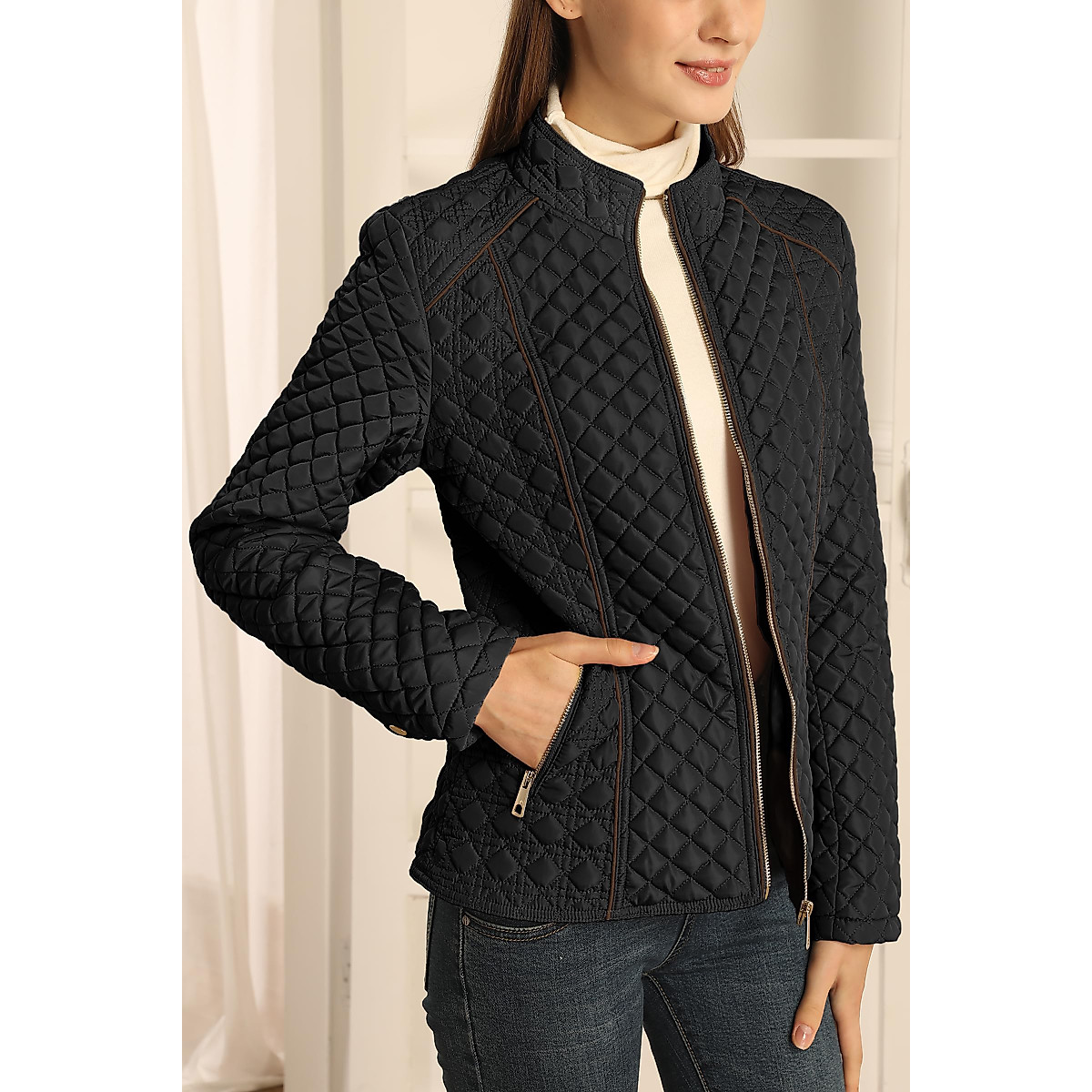 Bellivera Women's Stand Collar Lightweight Quilted Puffer Jacket Padded Zip Coat for Spring and Winter 087 black S