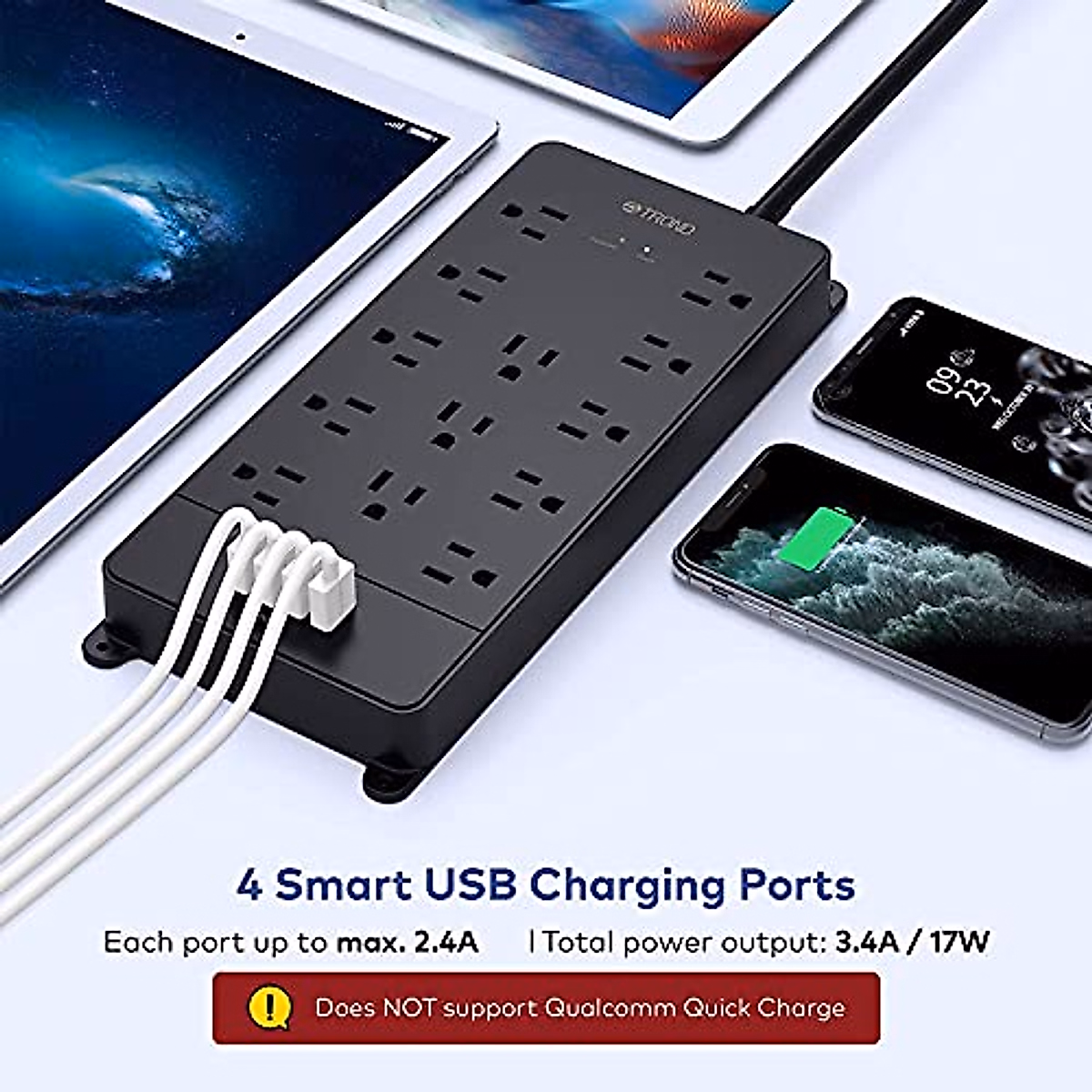 Flat Plug Power Strip - TROND 5ft Ultra Thin Extension Cord with 6 Widely Outlets and 3 USB Ports(1 USB C) + TROND Long Extension Cord 15 ft, 13 Widely-Spaced Outlets Expansion with 4 USB Ports