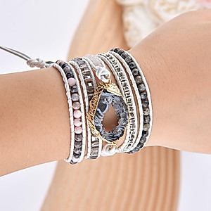 YGLINE Handmade Wrap Bracelet Turquoise, Jasper & Amazonite Natural Stones Leather Charm 5 Strands Boho Bracelet