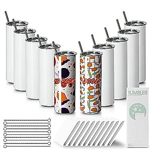 MURRICON Sublimation Tumblers 20 oz Skinny Straight,Stainless Steel Sublimation Blanks Skinny Tumbler,Double Wall Vacuum Insulated Sublimation Tumblers,with lid and straw,10 Pack