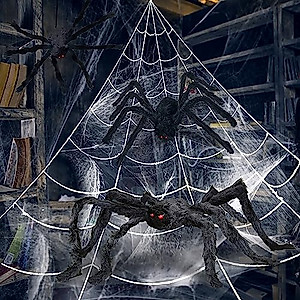UNGLINGA Giant Spider Web Halloween Decorations Outdoor with 50inch & 30inch Large Spiders, Hanging Mega Huge Spider Web 2 Scary Fake Black Spiders for Yard Garden Outside House Indoor Decor