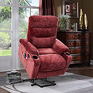 Electric Power Lift Recliner Chair, Vibration Massage Heated Chair for Elderly, Fabric Single Chair with 2 Side Pockets, Lounge Chair with 2 Cup Holders,1 USB Charge Port for Living Room Red
