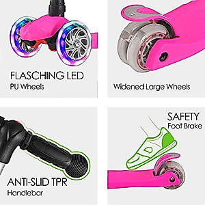 Kids Kick Scooter, 3 Wheeled Scooter for Kids, Child/Toddlers Toy, Adjustable Height, Anti-Slip Deck, Flashing Wheel Lights, for Boys/Girls 3-12 Year Old (Pink)