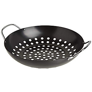 TableCraft BBQ Metal Handle 13-Inch Non Stick Coating Round Grilling Wok, Small, Black