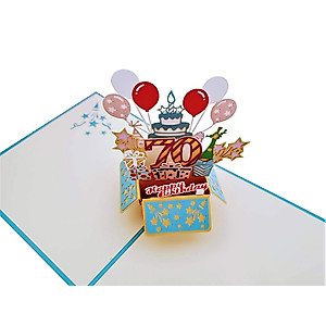 iGifts And Cards Happy 70th Blue Birthday Party Box 3D Pop Up Greeting Card – Seventy, Awesome, Balloons, Unique, Celebration, Feliz Cumpleaños, Fun, Festive