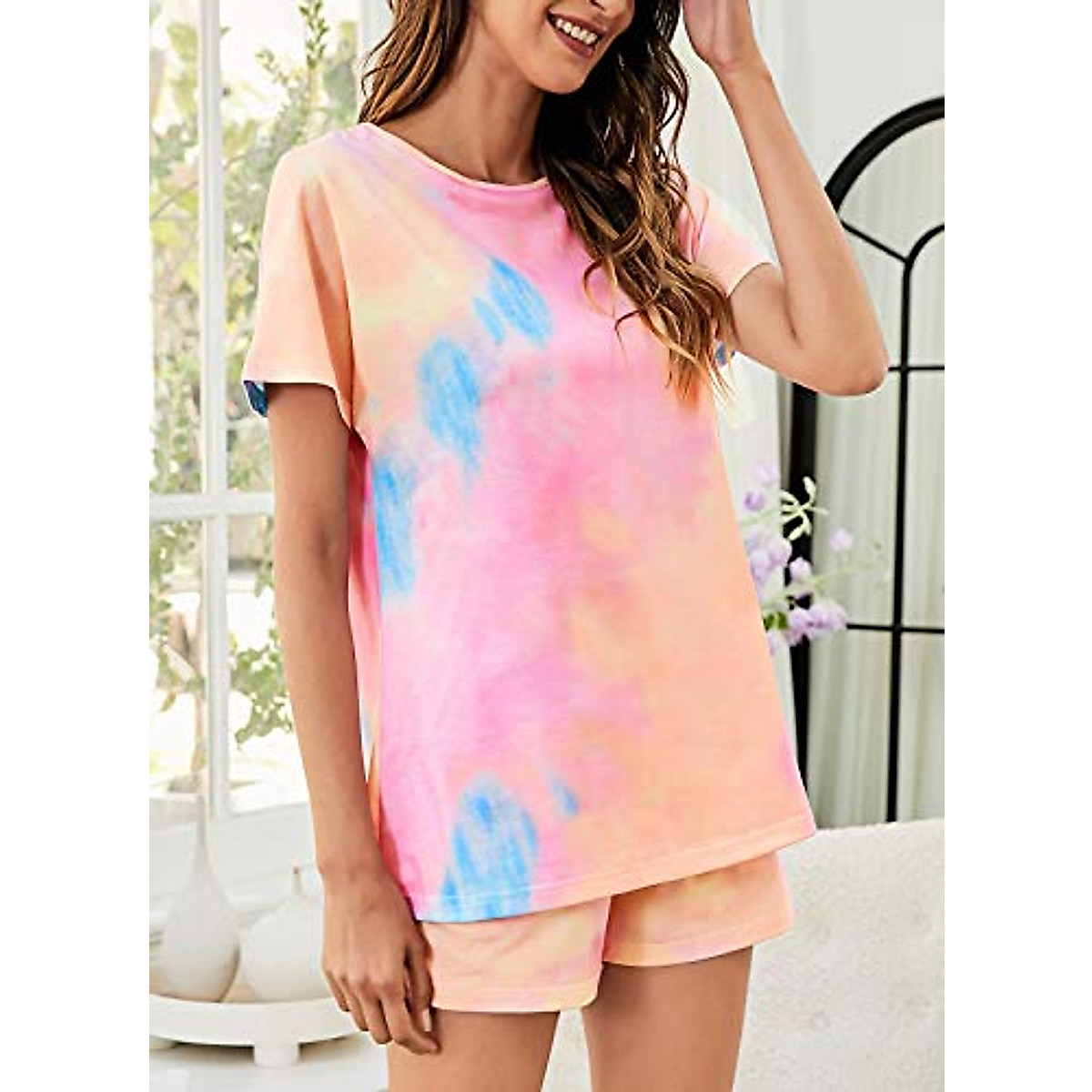 HOCOSIT Womens Tie Dye Printed Pajamas Short Sleeve Tops and Shorts Set Sleepwear 2 Piece Pjs Sets Loungewear Pink
