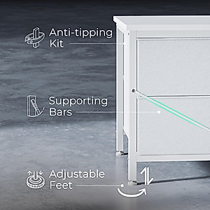 Huuger Dresser with 7 Drawers, 47 Inch Dresser TV Stand for 43, 50, 55 Inch TV, Fabric Dresser Chest of Drawers, PU Leather, Metal Frame, Storage Dresser for Bedroom, Nursery, Clothing, White Dresser