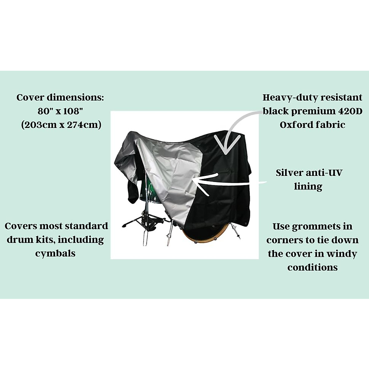 Agustu Drum Set Dust Cover - Premium Waterproof 80" x 108" Protection Drum Shield with Silver Coating for Electric and Electronic Drum Kits -Electric Drum Accessories - with Bag and Microfiber Cloth