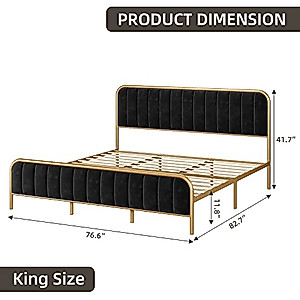 Senfot King Size Bed Frame with Gold Metal Frame, Modern Platform Bed, Noise Free Design, Wood Slats Support, No Box Spring Needed, Easy Assembly in Black