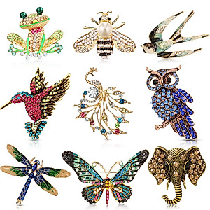 Hicarer 9 Pcs Animal Brooch Pins Brooches for Women Vintage Rhinestone Crystal Pin Hummingbird Butterfly Owl Elephant Dragonfly Peacock Retro Pin Jewelry for CNA Nurse Graduation Gifts