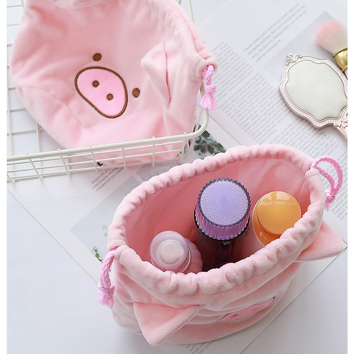 AKOAK 1 Pack Cute Fluffy Piglet Makeup Bag, Drawstring Tote Bag, Portable Travel Makeup Bag Storage Organizer