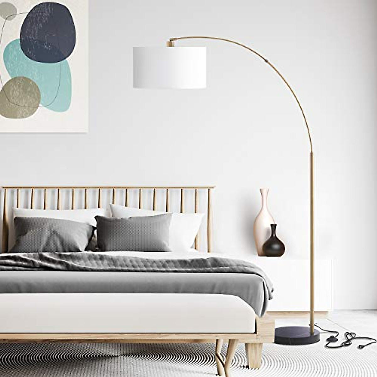 Archiology Floor Lamp - Arc Floor Lamp with Unique Hanging White Linen Drum Shade & Marble Base ,77’’ Height Modern Floor Lamp Perfect for Living Room Reading Bedroom Office