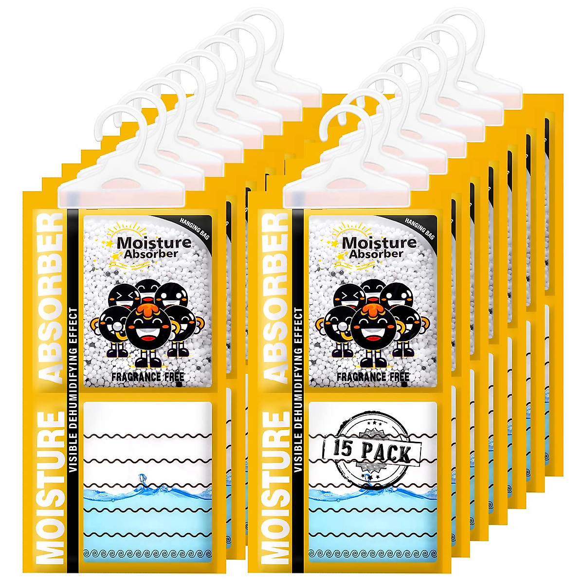 ZSZMFH 15 Pack Moisture Absorber & Max Odor Eliminator Hanging Bag, Charcoal Smell Remove Damp Musty Smell,Hanging Closet Dehumidifier Bags with 25g of Activated Charcoal (220g/pack) Yellow