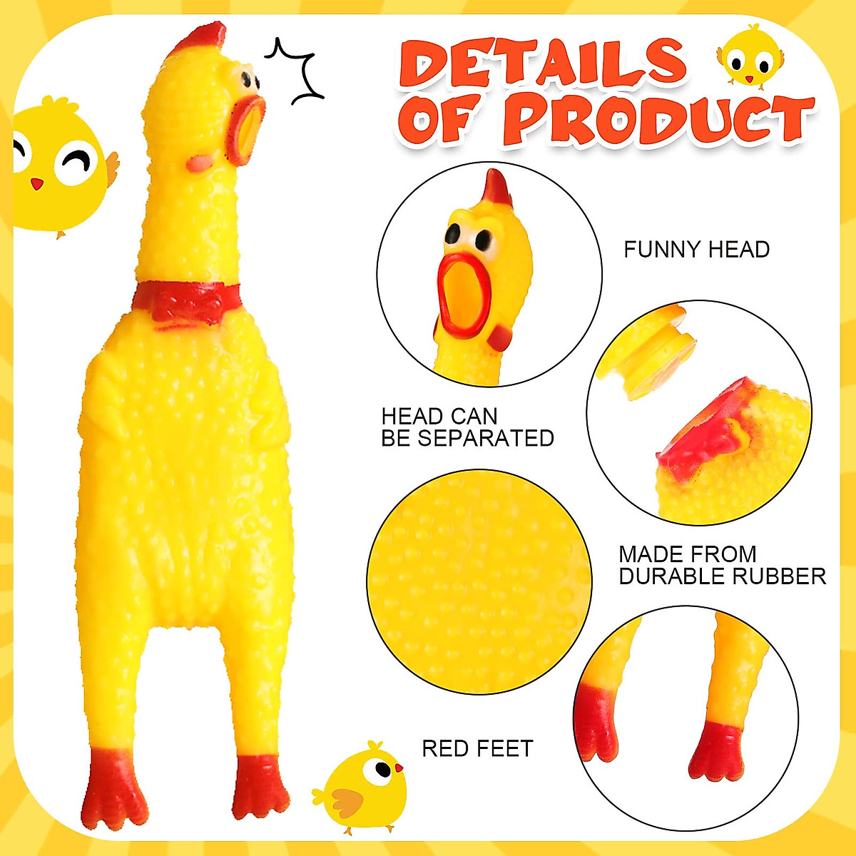 Honoson 50 Pcs Rubber Chickens Squeak Screaming Chicken Novelty Bulk Dog Toys for Pets Dogs Adults, 6.3 Inch(Yellow)
