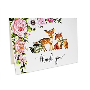 50 Pack Watercolor Girl Woodland Greenery Thank You Cards, Cute Thank You Notes with Envelopes & Stickers, Baby Shower, Birthday any Occasion Large Size 4x6 Animal Fox Raccoon Deer Owl Gratitude For Party, Children Stationery