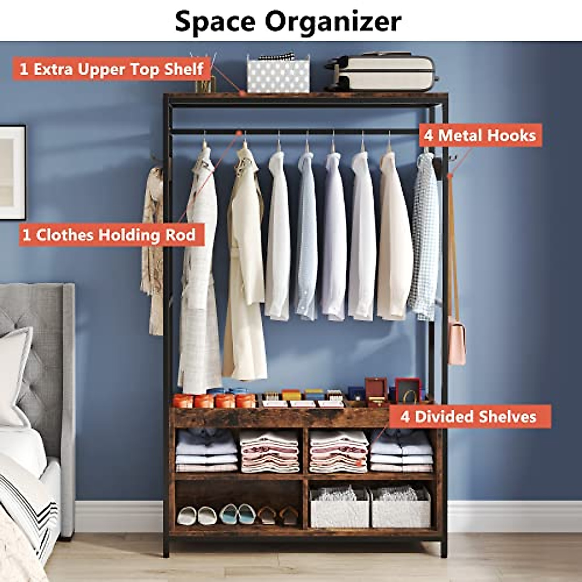 Tribesigns Freestanding Closet Organizer, Wooden Garment Rack for Hanging Clothes, Heavy Duty Wardrobe Rack with Storage, Industrial Clothing Racks with 6-Grid Organizer Box,Rustic Brown