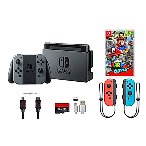 Nintendo Switch Bundle (7 items): 32GB Console Gray Joy-con, 128GB Micro SD, Joy-Con (L/R)-Neon Red/Neon Blue, Game Disc Super Mario Odyssey, and Type C Cable