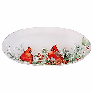 AuldHome Cardinal Ceramic Christmas Platter; Oval Holiday Serving Plate and Tray