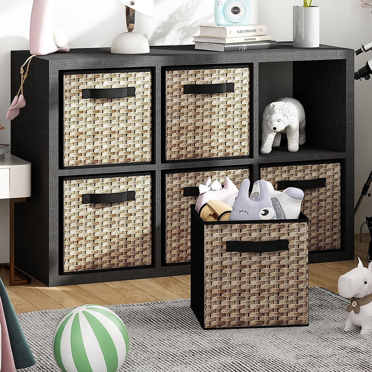 GILLAS 6 Pack Fabric Storage Cubes. 13 Inch Cube Storage Bins with Handle, Foldable Closet Organizers for Shelves, Storage Baskets for Shelves, Black, Large