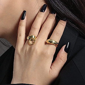 THJEW Womens Open Adjust Chunky Dome Geometric Ring,Adjustable 14K Yellow Gold Statement Ring Jewelry for Women (Ring_B, Adjustable)