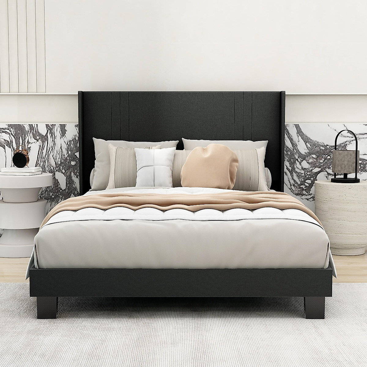 Tuconia Upholstered Platform Full Bed Frame with Headboard Wooden Slats Support Easy Assembly No Box Spring Needed Black Linen