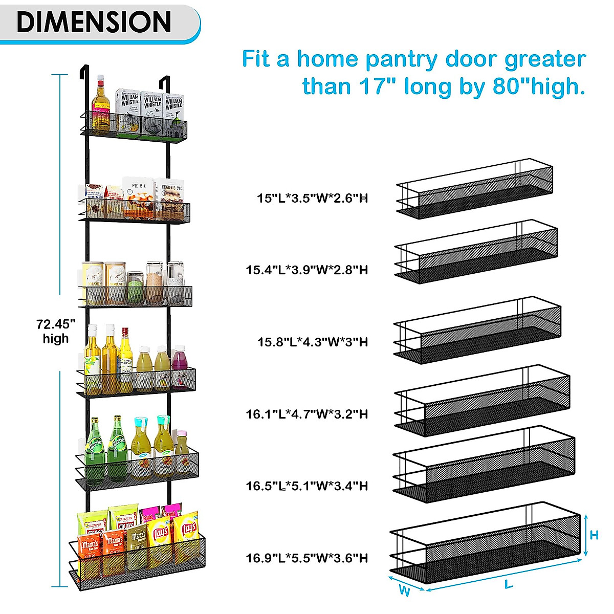 Over the Door Pantry Organizer - 6-Tier Mesh Basket Hanging & Wall Mounted Pantry Door Organizer, Over the Door Spice Rack with Adjustable Hooks for Kitchen, Bathroom, Bedroom, Storage Room (Black)