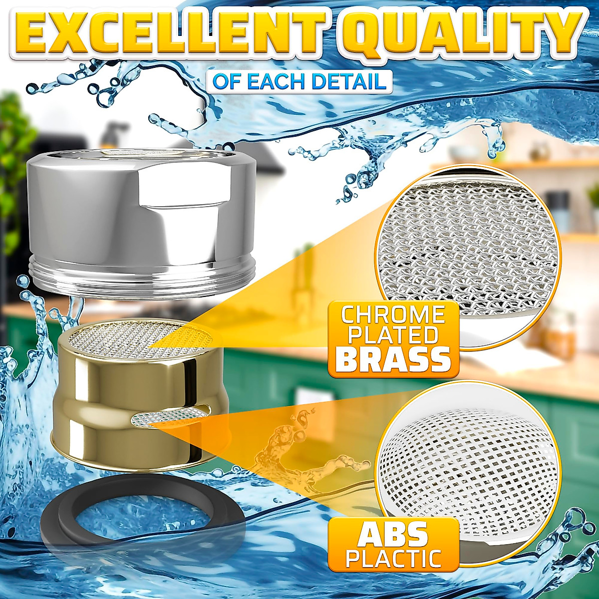 4Pcs Bathroom Faucet Aerator Replacement with Brass Shell - Kitchen Sink Aerator Faucet with Gasket - Kitchen Faucet Aerator Male Thread 15"/16" 24mm Bathroom Sink Aerator 2.2 GPM Faucet Aerator