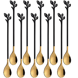 AnSaw Black & Gold 7.4" Long Teaspoons Set of 10 - Stainless Steel Leaf Handle Coffee Stirrers, Perfect as Stir Spoons, Tea Spoons, and Stirring Spoons