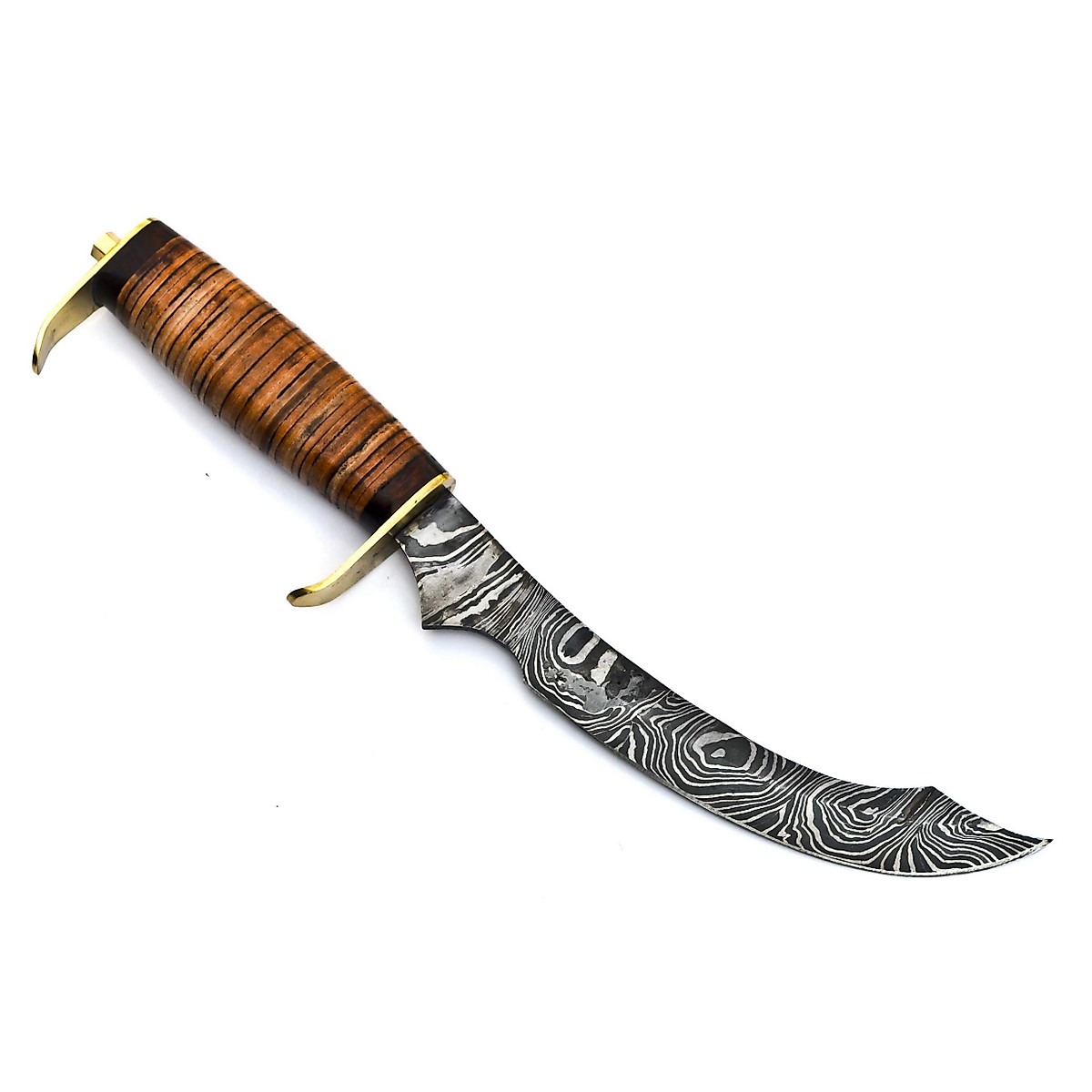 Skokie Knives Custom Hand Made Damascus Steel Hunting Knife Handle Stacked Leather With Double Brass Double Clip