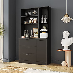 Bellemave Pantry Storage Cabinet with Drawers & Open Shelves Freestanding Kitchen Cupboard Buffet Cabinet Tall Utility Storage Cabinet for Kitchen Living Room Bathroom Home Office, Black