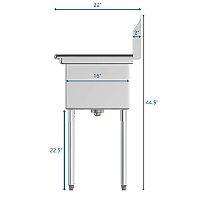 KoolMore 1 Compartment Stainless Steel NSF Commercial Kitchen Prep & Utility Sink with Drainboard - Bowl Size 12" x 16" x 10", Silver