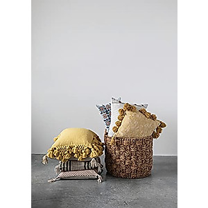 Creative Co-Op Square Block Print Chambray Back & Frayed Tassels Pillow, Cream & Rust