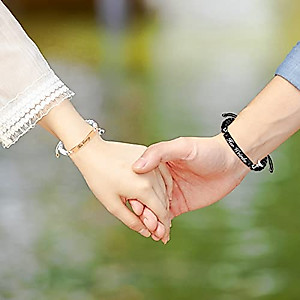 Uloveido His Crazy Her Weirdo Couple Bracelets Stainless Steel ID and Natural Beads Handmade Braided Rope Bracelet Set for Men Women Adjustable (His Crazy Her Weirdo)