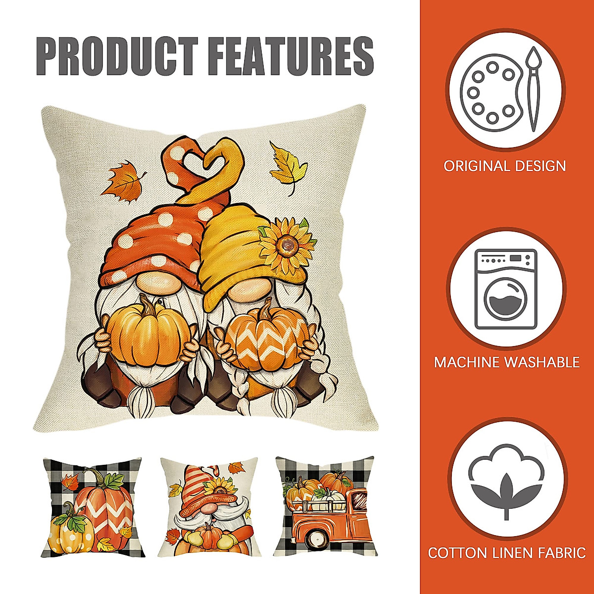 Fahrendom Fall Gnome Pumpkin Decorative Throw Pillow Covers 18x18 Set of 4, Autumn Truck Buffalo Plaid Check Porch Patio Outdoor Pillowcase, Maple Leaves Thanksgiving Farmhouse Cushion Case Home Decor