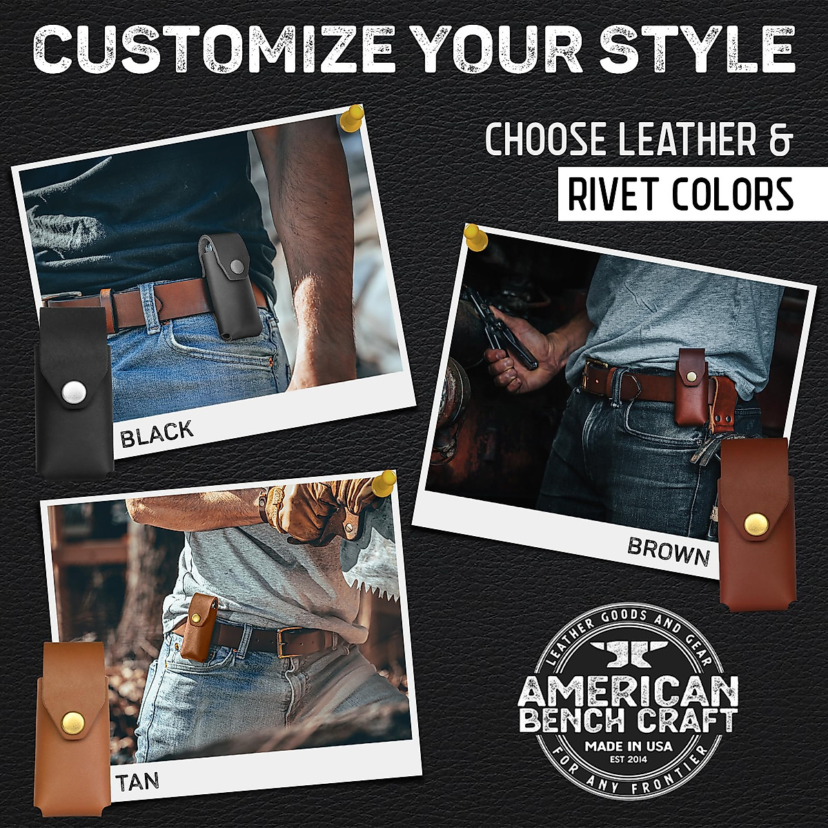 American Bench Craft Leather Multitool Sheath fits Leatherman Wingman, Sidekick, Reber, Rev, Fuse | Riveted Leatherman Case for Belt | Premium Full Grain Leather Sheath/Holster with Brass Snap - Black