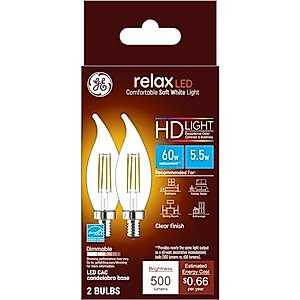 GE Relax LED Light Bulbs, Candle Lights, 60 Watts, Soft White Clear Decorative CA11 Bulbs, Small Base (2 Pack)