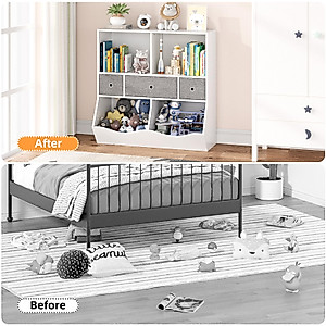 Amyove Kids Toy Storage Organizer, Kids Bookshelf with 2 Bookshelfs, 3 Removement Drawers and 2 Cubbies, Toy Organizers and Storage for Living Room, Kids Bedroom, Nursery, Playroom, White