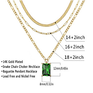 MOONLIT DEW 18K Gold Necklace for Women 3 Layered Necklaces for Women Choker CZ Emerald Birthstone Necklace for Women