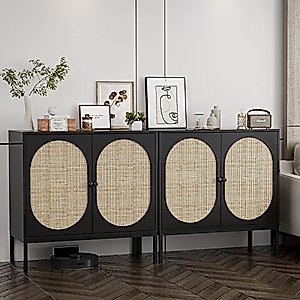 IKIFLY Set of 2 Accent Storage Cabinet with Handmade Natural Rattan Doors - Rattan Sideboard Buffet Cabinet - Kitchen Cupboard Server Console Table for Dining Room, Bedroom, Hallway - Black