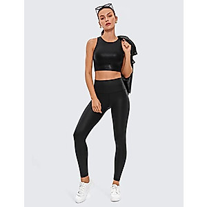 CRZ YOGA Butterluxe Racerback High Neck Longline Sports Bras for Women - Padded Workout Crop Tank Tops with Built in Pads Faux Leather Black Large