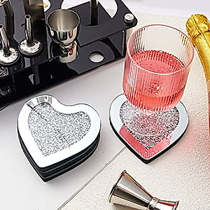4 Pcs Glass Crystal Coaster,Diamond Mirror Coaster,Silver Luxury Cup Mat,Desktop Advanced Decoration (Heart 4x4in)
